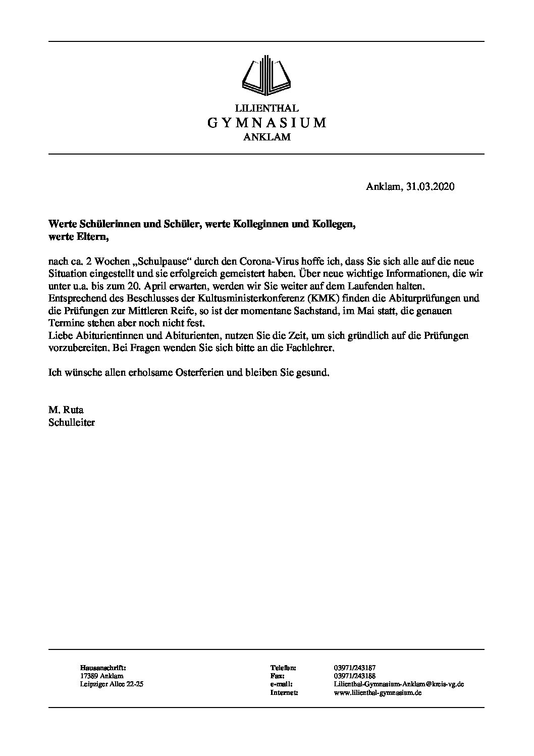 Neuer Brief vom Schulleiter – Lilienthal-Gymnasium Anklam